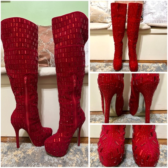 Shoes | Red Long Sparkle Boots | Poshmark